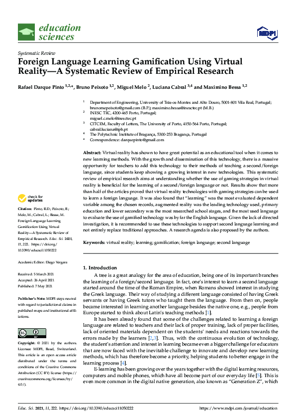 (PDF) Foreign Language Learning Gamification Using Virtual Reality—A Systematic Review of ...