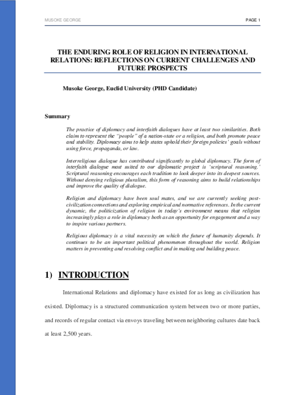(PDF) THE ENDURING ROLE OF RELIGION IN INTERNATIONAL RELATIONS ...