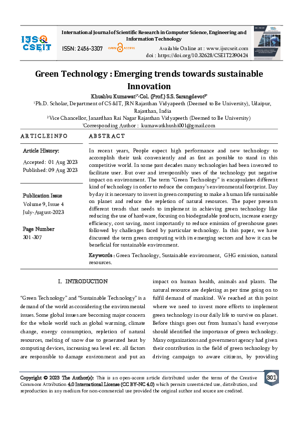 (PDF) Green Technology : Emerging trends towards sustainable Innovation