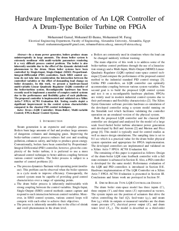 (PDF) Hardware implementation of an LQR controller of a drum-type boiler turbine on FPGA