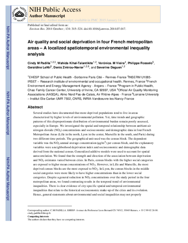 (PDF) Air quality and social deprivation in four French metropolitan ...