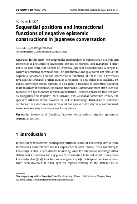 (PDF) Sequential positions and interactional functions of negative epistemic constructions in ...