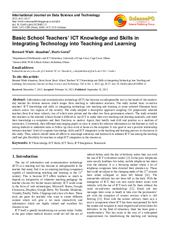 (PDF) Basic School Teachers' ICT Knowledge and Skills in Integrating Technology into Teaching ...