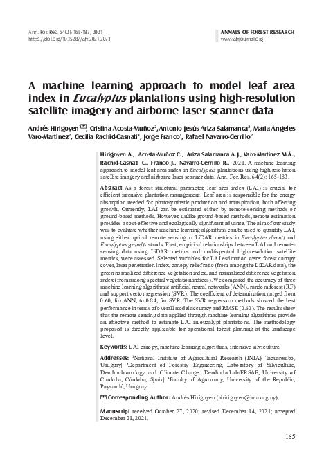 (PDF) A machine learning approach to model leaf area index in Eucalyptus plantations using high ...