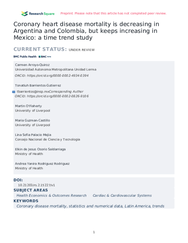 (PDF) Coronary heart disease mortality is decreasing in Argentina and ...