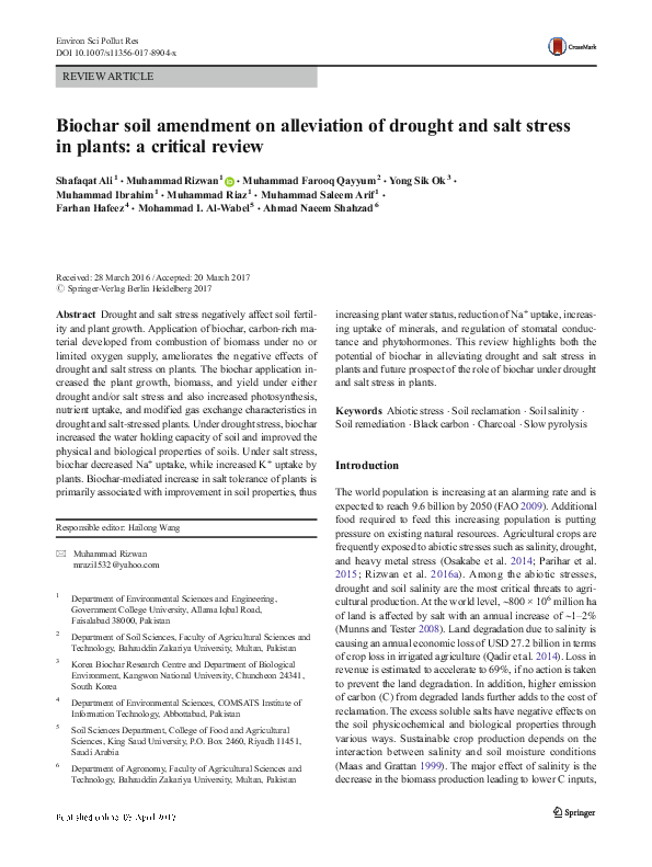 (PDF) Biochar soil amendment on alleviation of drought and salt stress in plants: a critical review