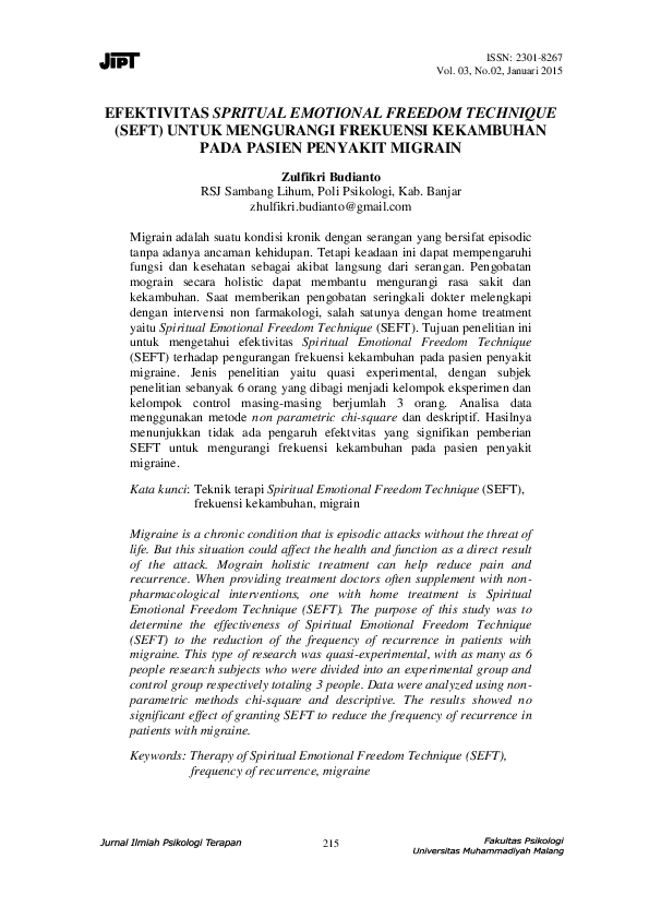 (PDF) Efektivitas Spritual Emotional Freedom Technique (Seft) Untuk Mengurangi Frekuensi ...