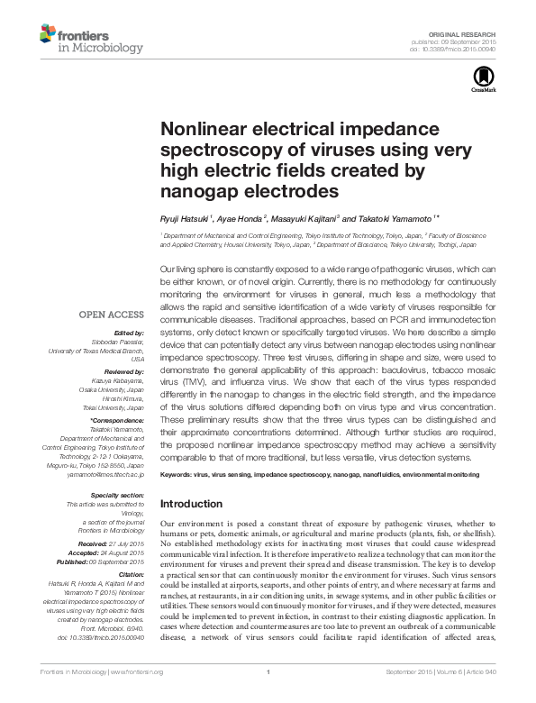 Pdf Nonlinear Electrical Impedance Spectroscopy Of Viruses Using Very High Electric Fields