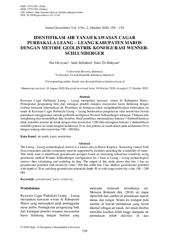 (PDF) Identifikasi Air Tanah Kawasan Cagar Purbakala Leang-Leang Kabupaten Maros Dengan Metode ...