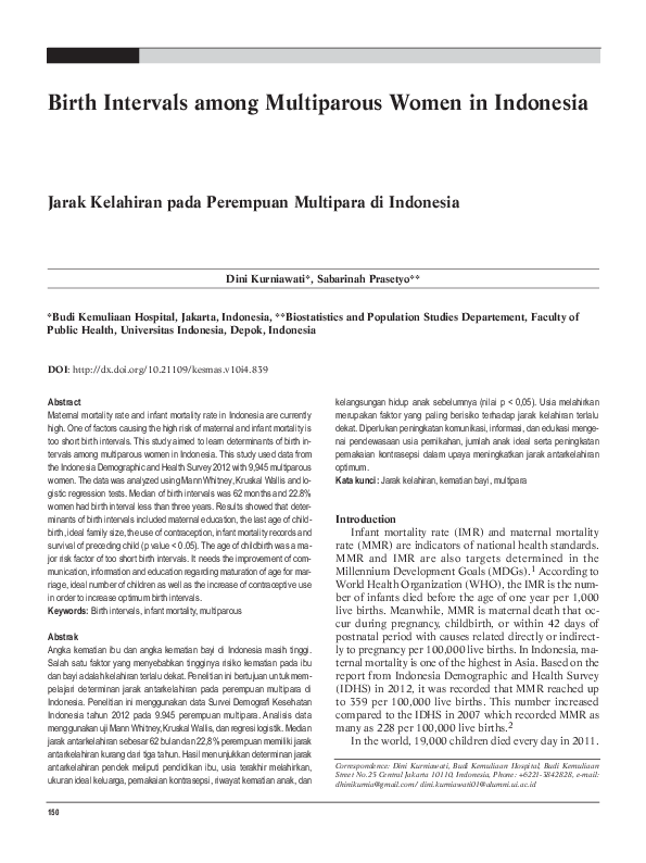 (PDF) Birth Intervals among Multiparous Women in Indonesia Jarak ...