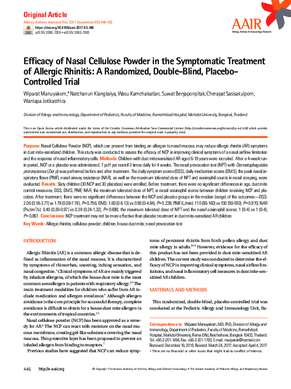 (PDF) Efficacy of Nasal Cellulose Powder in the Symptomatic Treatment ...