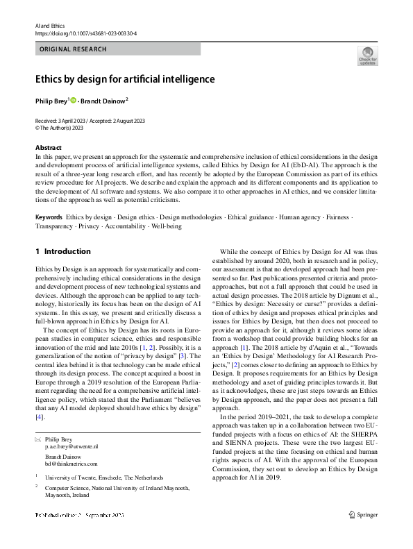 (PDF) Ethics by design for artificial intelligence
