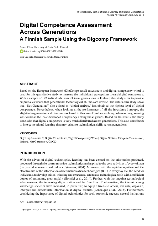 Pdf Digital Competence Assessment Across Generations