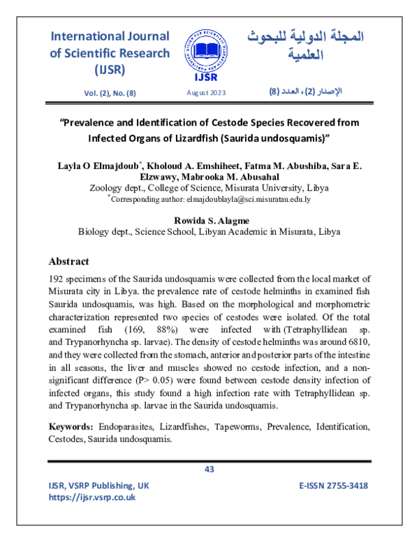 (PDF) Prevalence and Identification of Cestode Species Recovered from ...