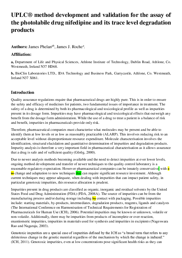 (PDF) UPLC® method development and validation for the assay of the photolabile drug nifedipine ...