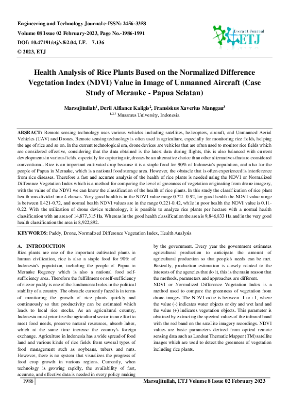 Pdf Health Analysis Of Rice Plants Based On The Normalized Difference Vegetation Index Ndvi
