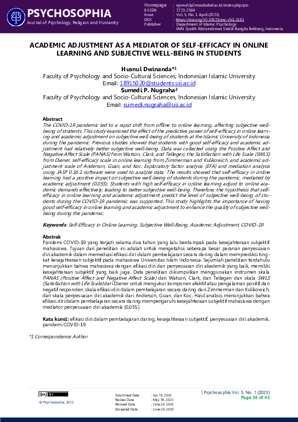 (PDF) Academic Adjustment as a Mediator of Self-Effficacy in Online Learning and Subjective Well ...