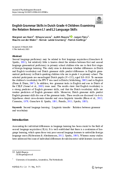 (PDF) English Grammar Skills in Dutch Grade 4 Children: Examining the ...