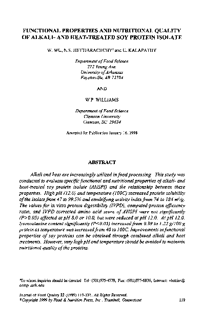 (PDF) Functional Properties and Nutritional Quality of Alkali- and Heat-Treated Soy Protein Isolate