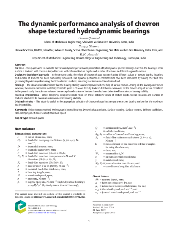 (PDF) The dynamic performance analysis of chevron shape textured ...