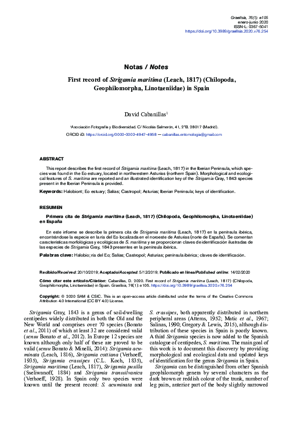 (PDF) First record of Strigamia maritima (Leach, 1817) (Chilopoda ...