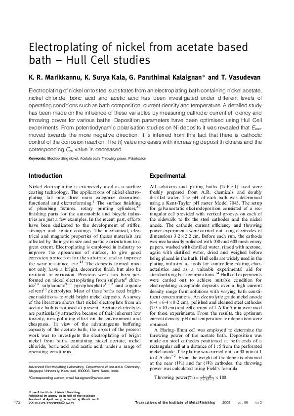 (PDF) Electroplating of nickel from acetate based bath – Hull Cell studies