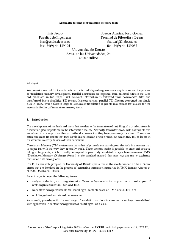 (PDF) 1 Automatic feeding of translation memory tools (PDF) 1 Automatic feeding of translation memory tools