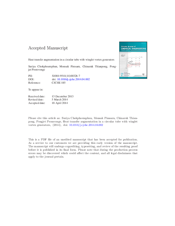 (PDF) Heat transfer augmentation in a circular tube with winglet vortex ...