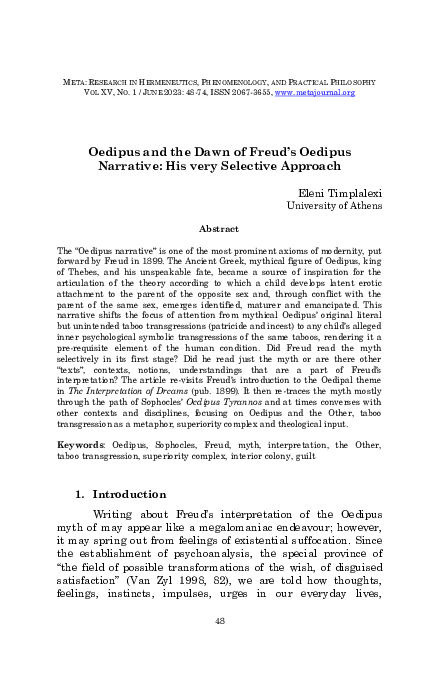 (PDF) Oedipus and the Dawn of Freud's Oedipus Narrative: His very ...