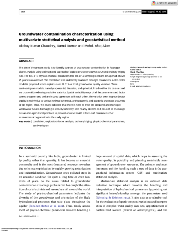 Pdf Groundwater Contamination Characterization Using Multivariate Statistical Analysis And