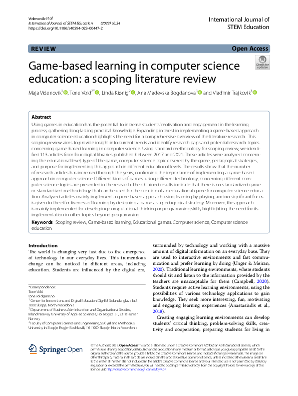 Pdf Game Based Learning In Computer Science Education A Scoping Literature Review