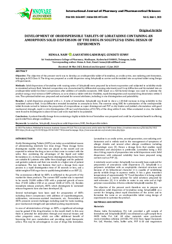 Pdf Development Of Orodispersible Tablets Of Loratadine Containing An Amorphous Solid