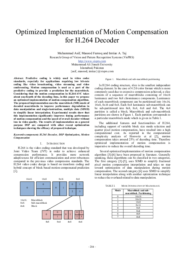 (PDF) Optimized implementation of motion compensation for H.264 decoder | Masood Farooq ...