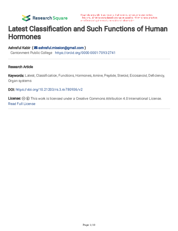 (PDF) Latest Classification and Such Functions of Human Hormones