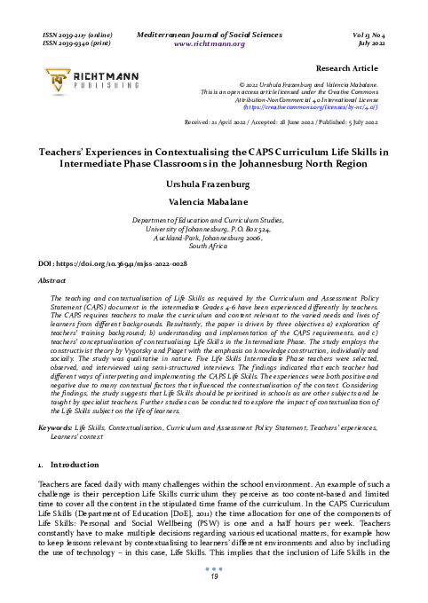 (PDF) Teachers’ Experiences in Contextualising the CAPS Curriculum Life ... (PDF) Teachers’ Experiences in Contextualising the CAPS Curriculum Life ...