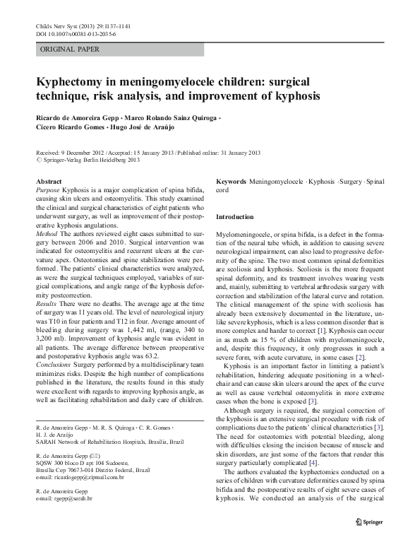 (PDF) Kyphectomy in meningomyelocele children: surgical technique, risk ...