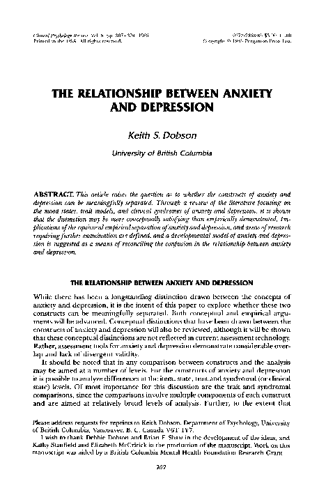(PDF) The relationship between anxiety and depression