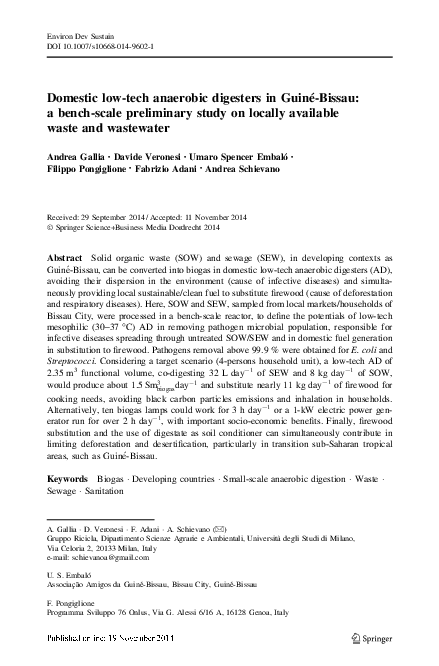 (PDF) Domestic low-tech anaerobic digesters in Guiné-Bissau: a bench ...