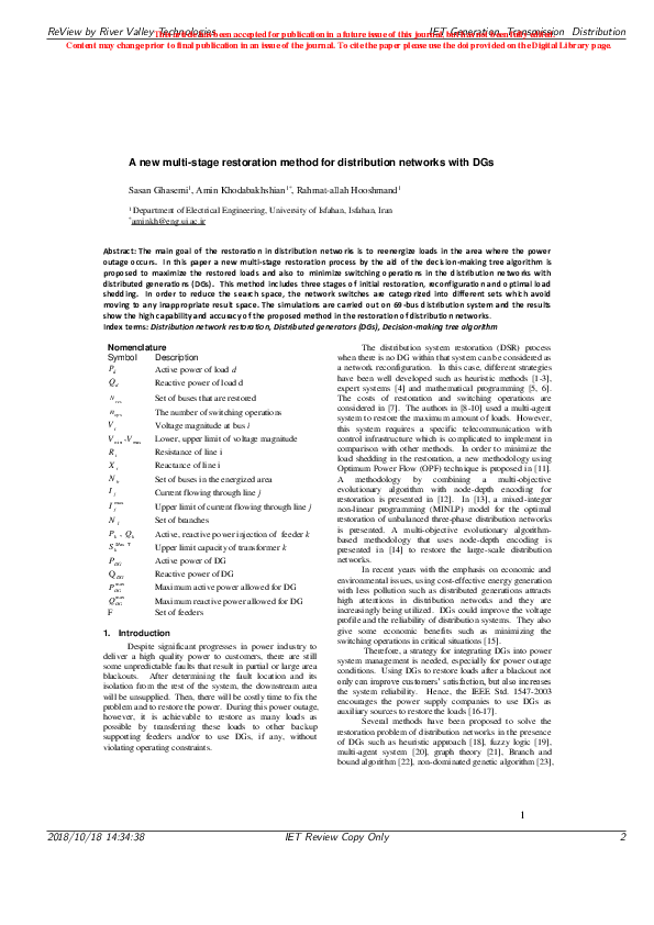 Pdf New Multi‐stage Restoration Method For Distribution Networks With Dgs