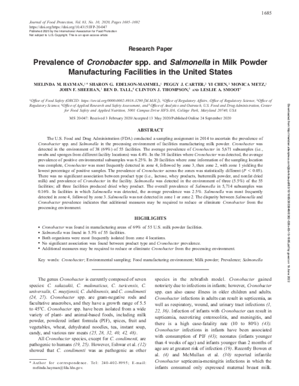 Pdf Prevalence Of Cronobacter Spp And Salmonella In Milk Powder Manufacturing Facilities In