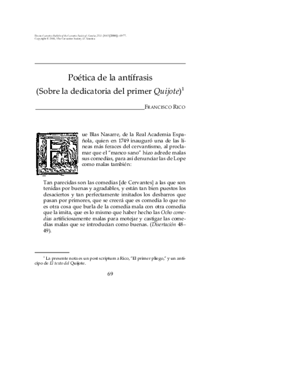 (PDF) Poética de la antífrasis (Sobre la dedicatoria del primer Quijote)