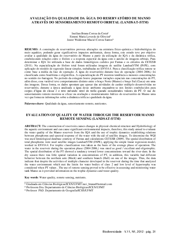 (PDF) Avaliação Da Qualidade Da Água Do Reservatório De Manso Através ...