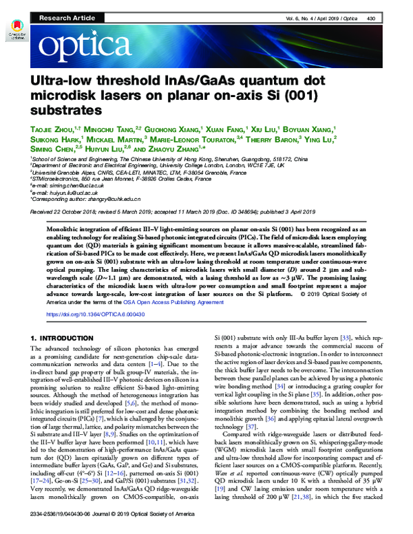(PDF) Ultra-low threshold InAs/GaAs quantum dot microdisk lasers on planar on-axis Si (001 ...