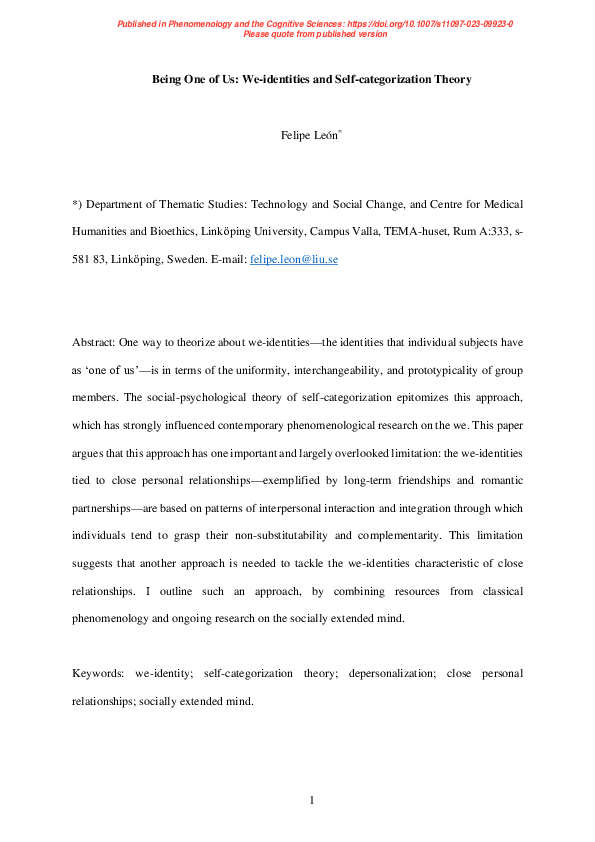 (PDF) Being One of Us: We-identities and Self-categorization Theory