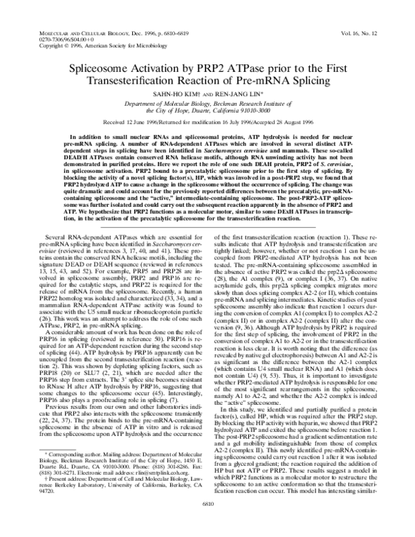(PDF) Spliceosome Activation by PRP2 ATPase prior to the First ...
