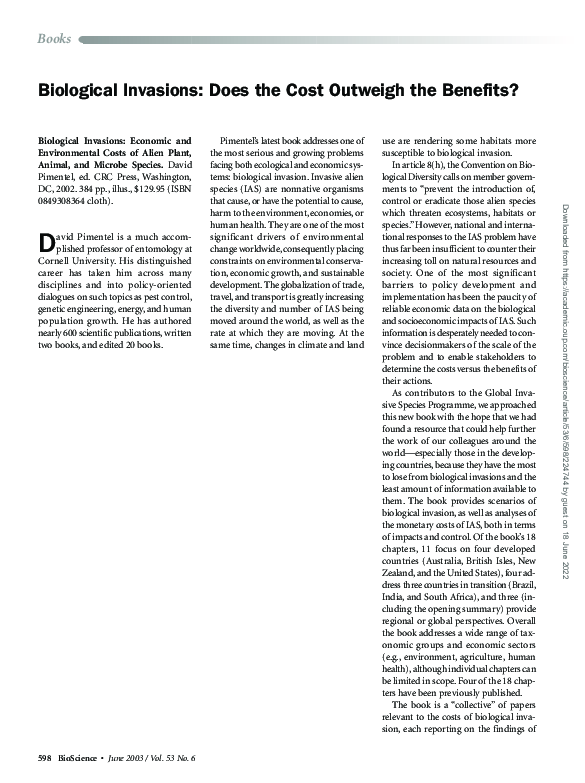 (PDF) Biological Invasions: Does the Cost Outweigh the Benefits?