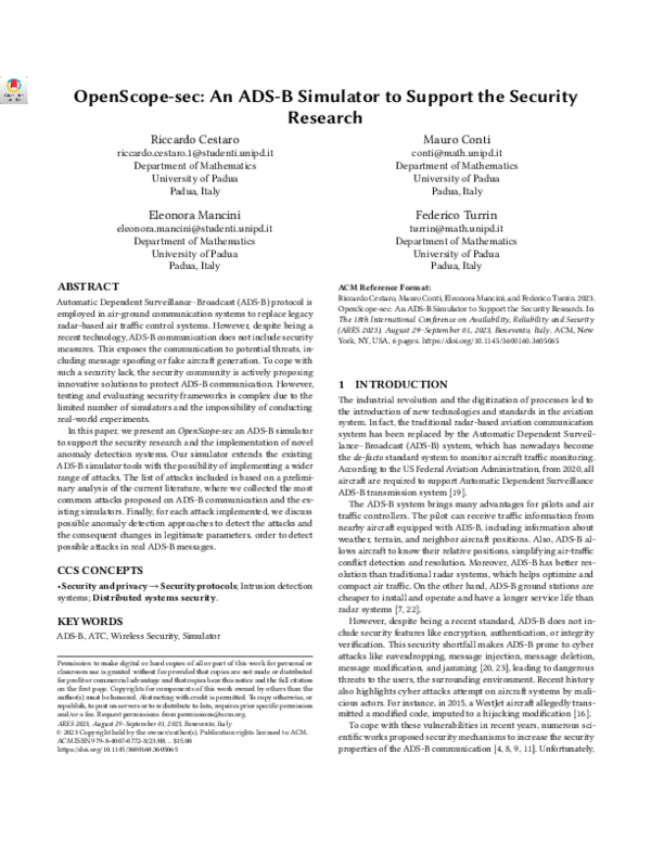 (PDF) OpenScope-sec: An ADS-B Simulator to Support the Security Research