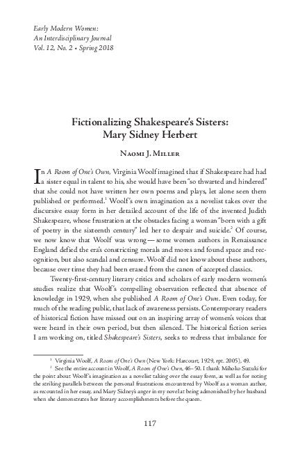 (PDF) Naomi Miller, Fictionalizing Shakespeare's Sisters - Mary Sidney ...