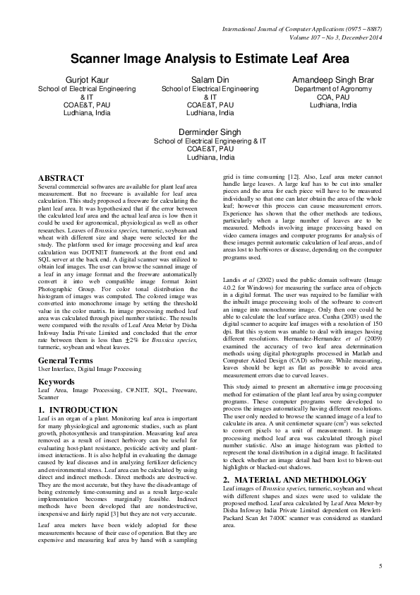 (PDF) Scanner Image Analysis to Estimate Leaf Area