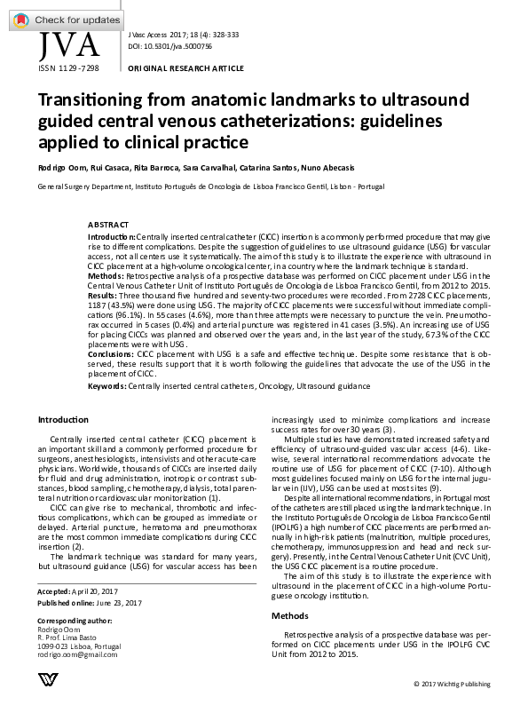 (PDF) Transitioning from anatomic landmarks to ultrasound guided central venous catheterizations ...